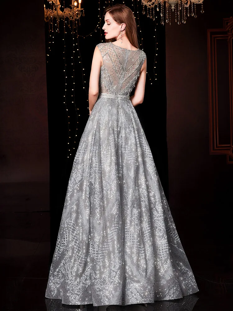 Luxury / Gorgeous Silver Evening Dresses 2019 A-Line / Princess Scoop ...