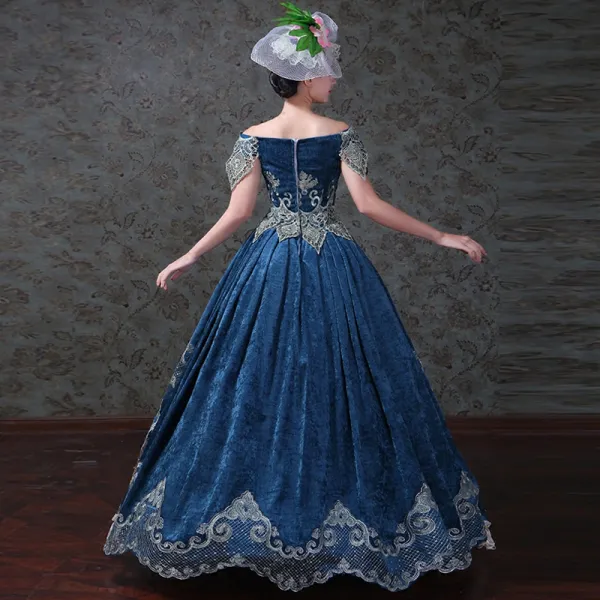 Vintage Retro Medieval Ink Blue Ball Gown Prom Dresses 2021 Strapless