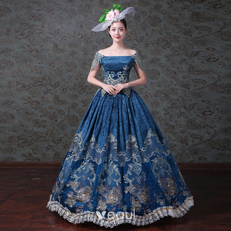Vintage Retro Medieval Ink Blue Ball Gown Prom Dresses 2021 Strapless