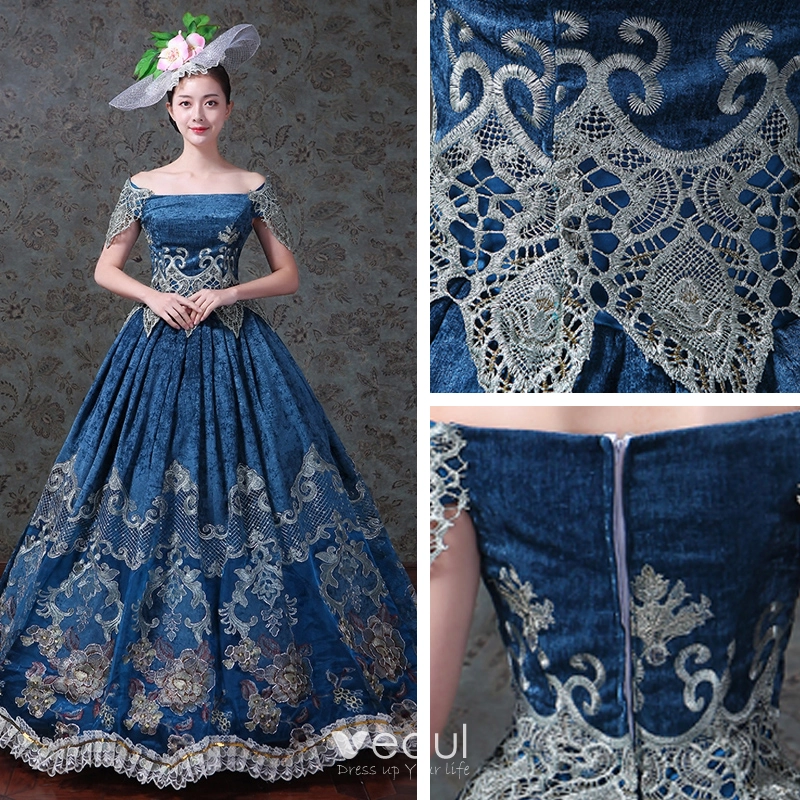 Vintage Retro Medieval Ink Blue Ball Gown Prom Dresses 2021 Strapless