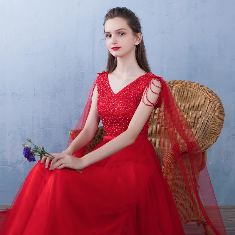 Affordable Red Prom Dresses 2019 A-Line / Princess Beading Bow V-Neck ...