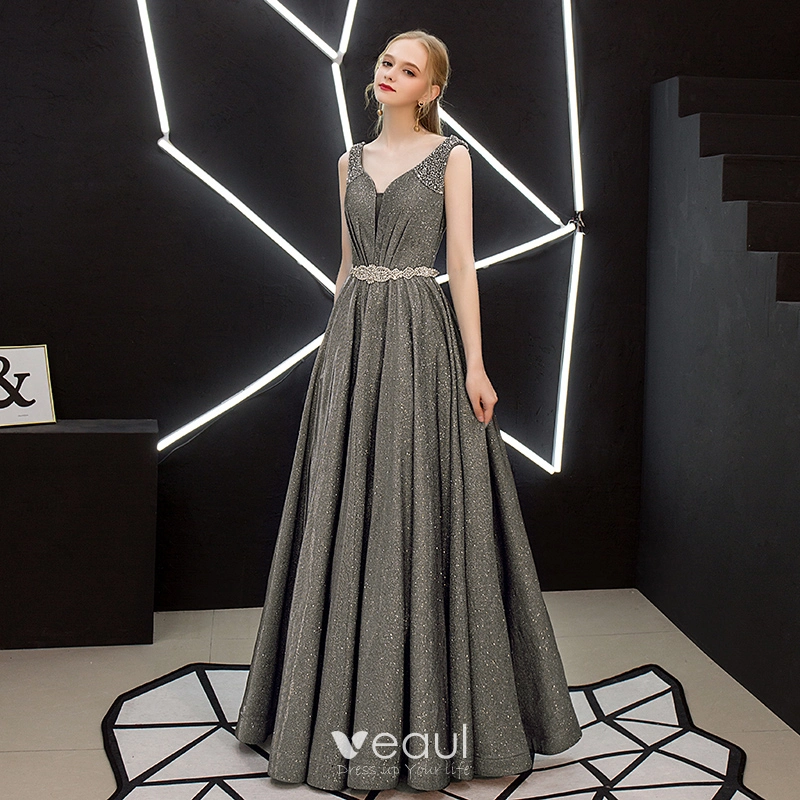 Charming Silver Evening Dresses 2019 A-Line / Princess Sleeveless ...