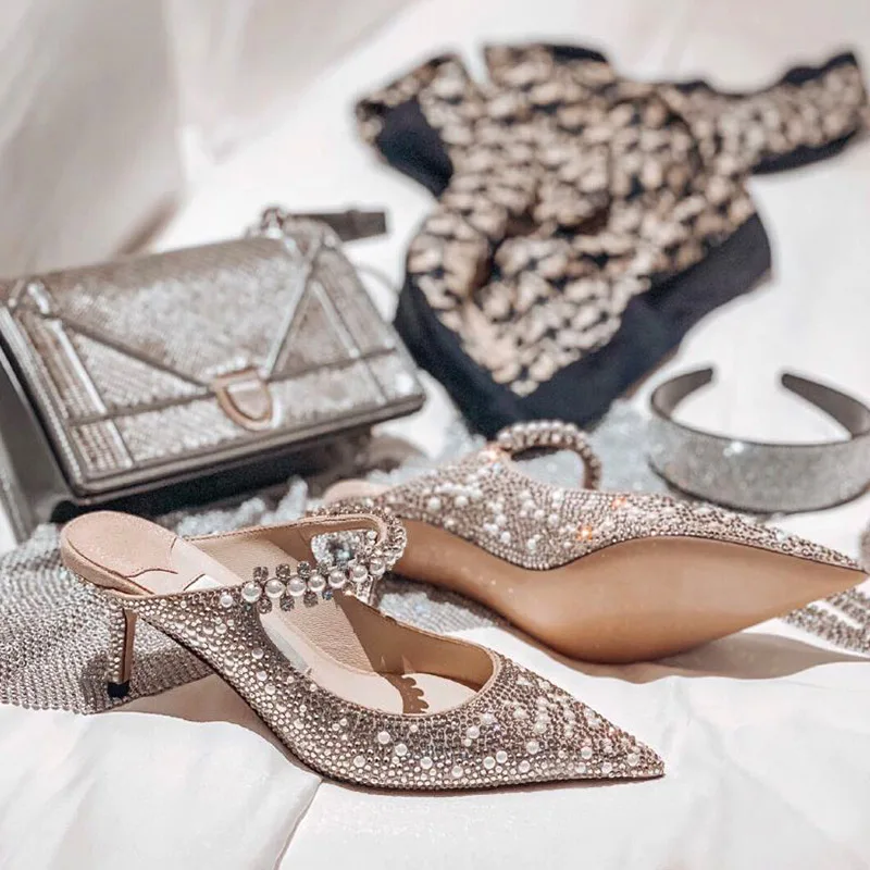 Charmerende Champagne Fest Sandaler Dame 2020 Læder Perle Rhinestone 8 ...