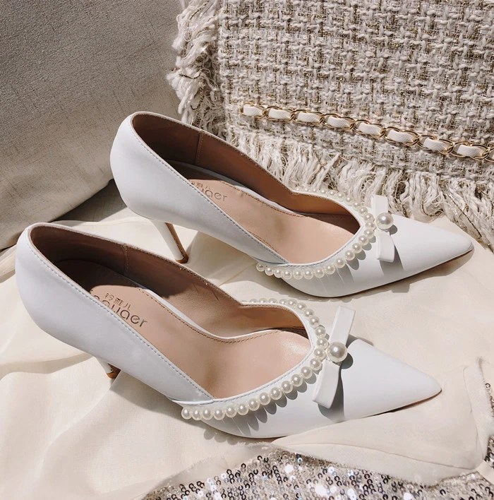 Elegant Modest / Simple White Pearl Bow Wedding Shoes 2020 7 cm ...