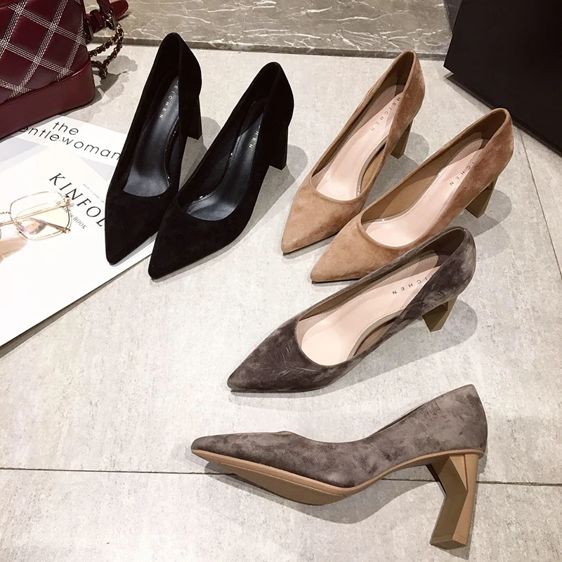 Modest / Simple Casual Suede Brown Pumps 2020 7 cm Thick Heels Pointed ...