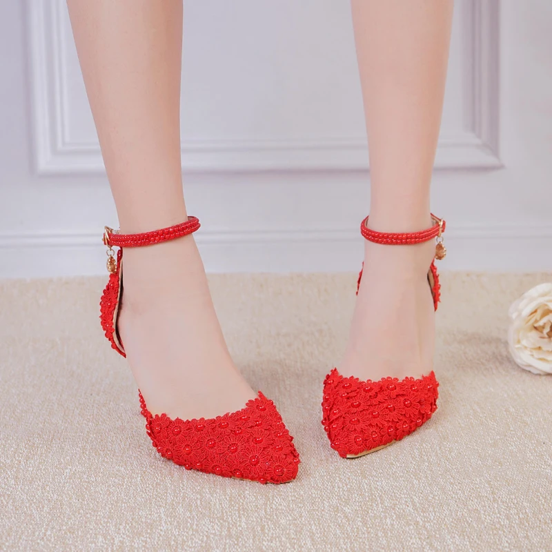 Chinese style Red Lace Flower Pearl Wedding Shoes 2021 Ankle Strap 9 cm ...