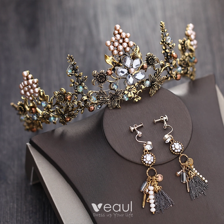 Vintage Retro Baroque Bronze Bridal Jewelry 2018 Metal Crystal Pearl Rhinestone Tiara Earrings Accessories