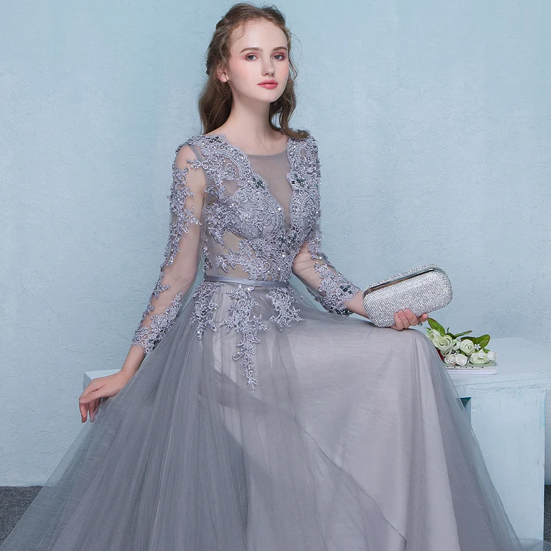 Illusion Grey Evening Dresses 2018 A-Line / Princess Scoop Neck Long ...