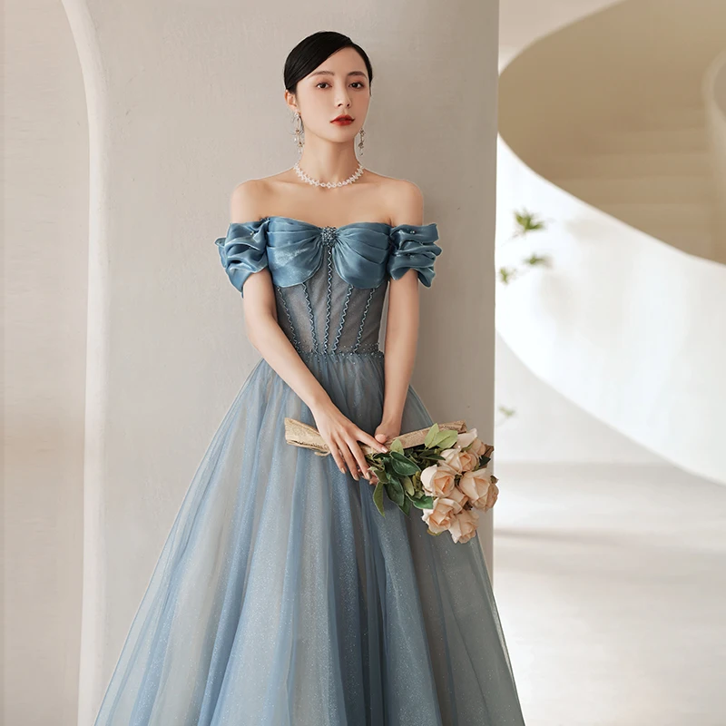 Sexy Pool Blue Prom Dresses 2021 A-Line / Princess Ruffle Off-The ...