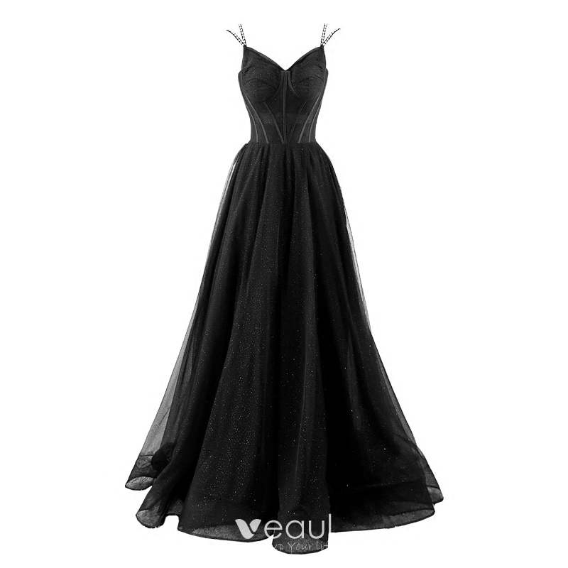 Elegant Black Evening Dresses 2018 A Line Princess Spaghetti Straps