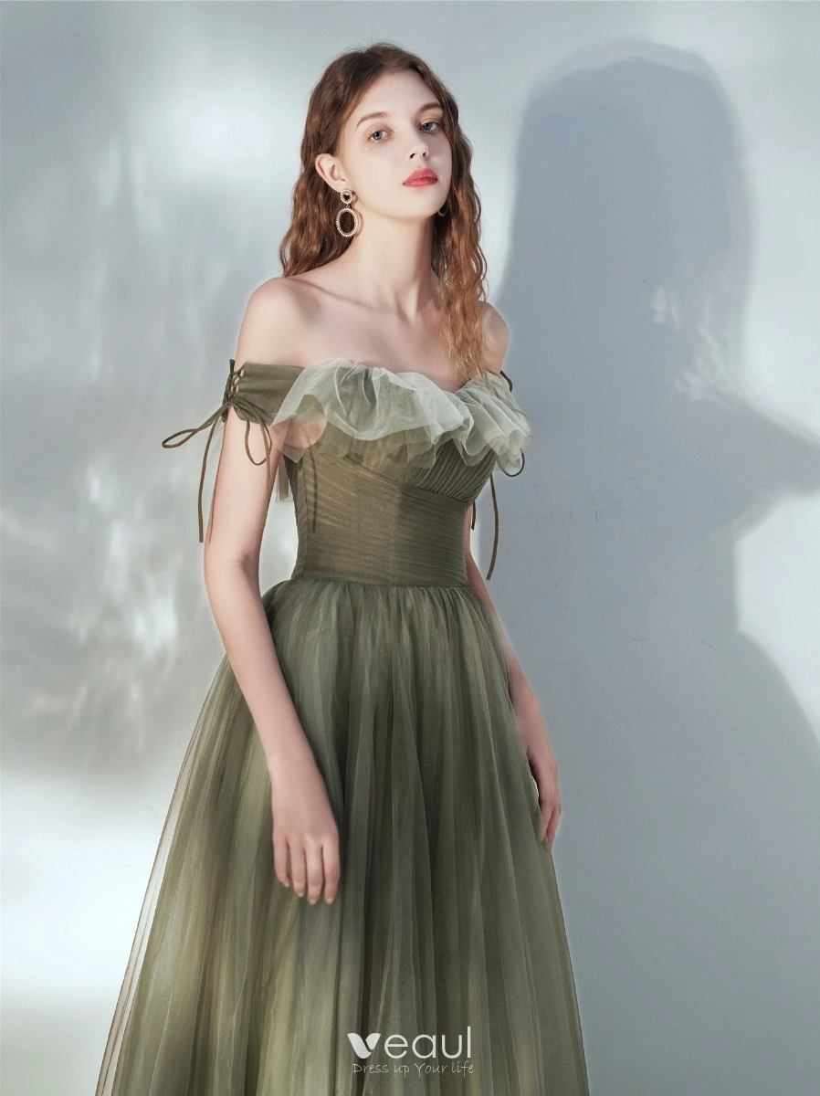 Fashion Clover Green Prom Dresses 2021 A-Line / Princess Off-The ...