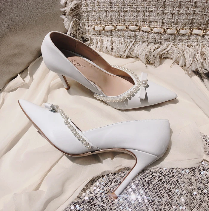Elegant Modest / Simple White Pearl Bow Wedding Shoes 2020 7 cm ...