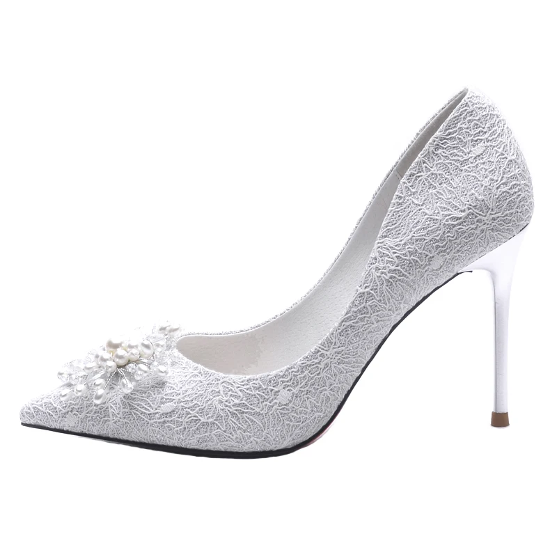 Klassisk Hvit Blonder Brudesko 2020 Perle 9 cm Stiletthæler Spisse ...