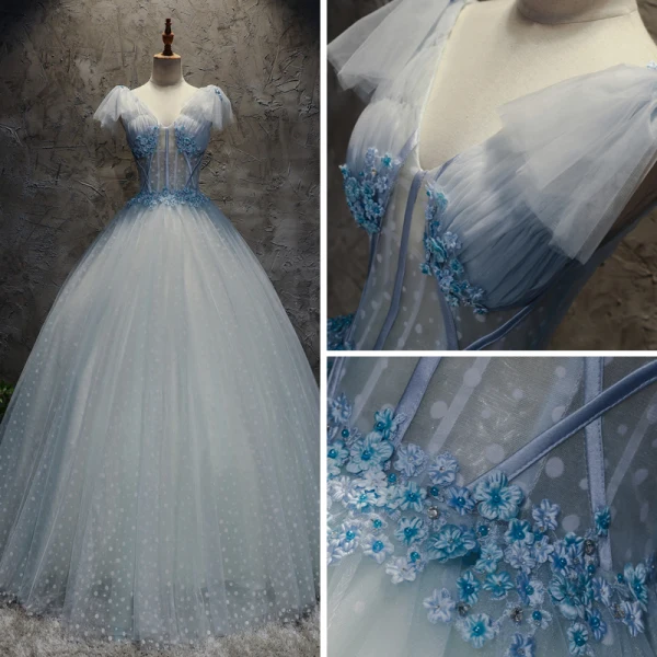 Chic / Beautiful Spotted Sky Blue Prom Dresses 2017 Ball Gown V-Neck ...