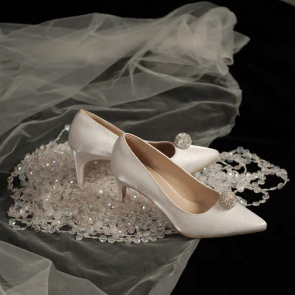 Elegant Modest / Simple Ivory Wedding Shoes 2020 Rhinestone 7 cm ...