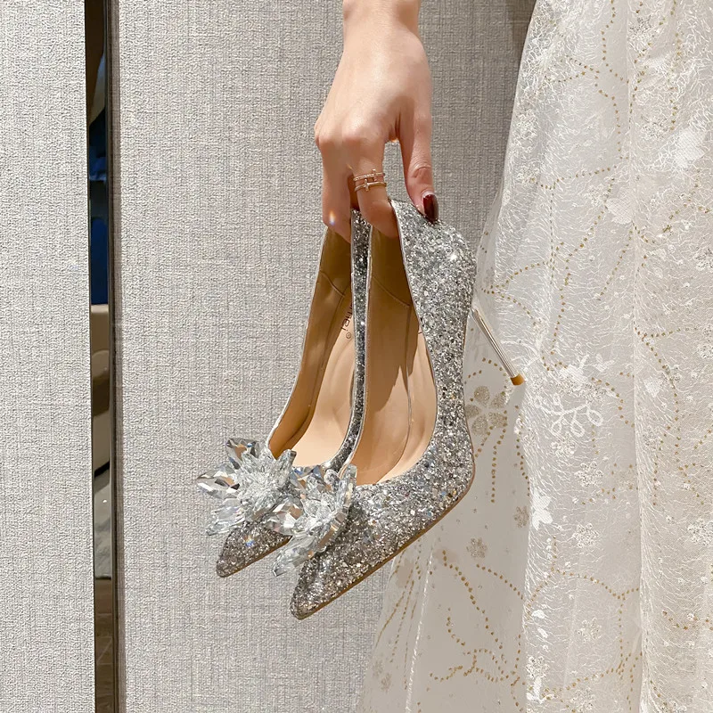 Charming Sparkly Silver Crystal Wedding Shoes 2021 Sequins 9 cm ...