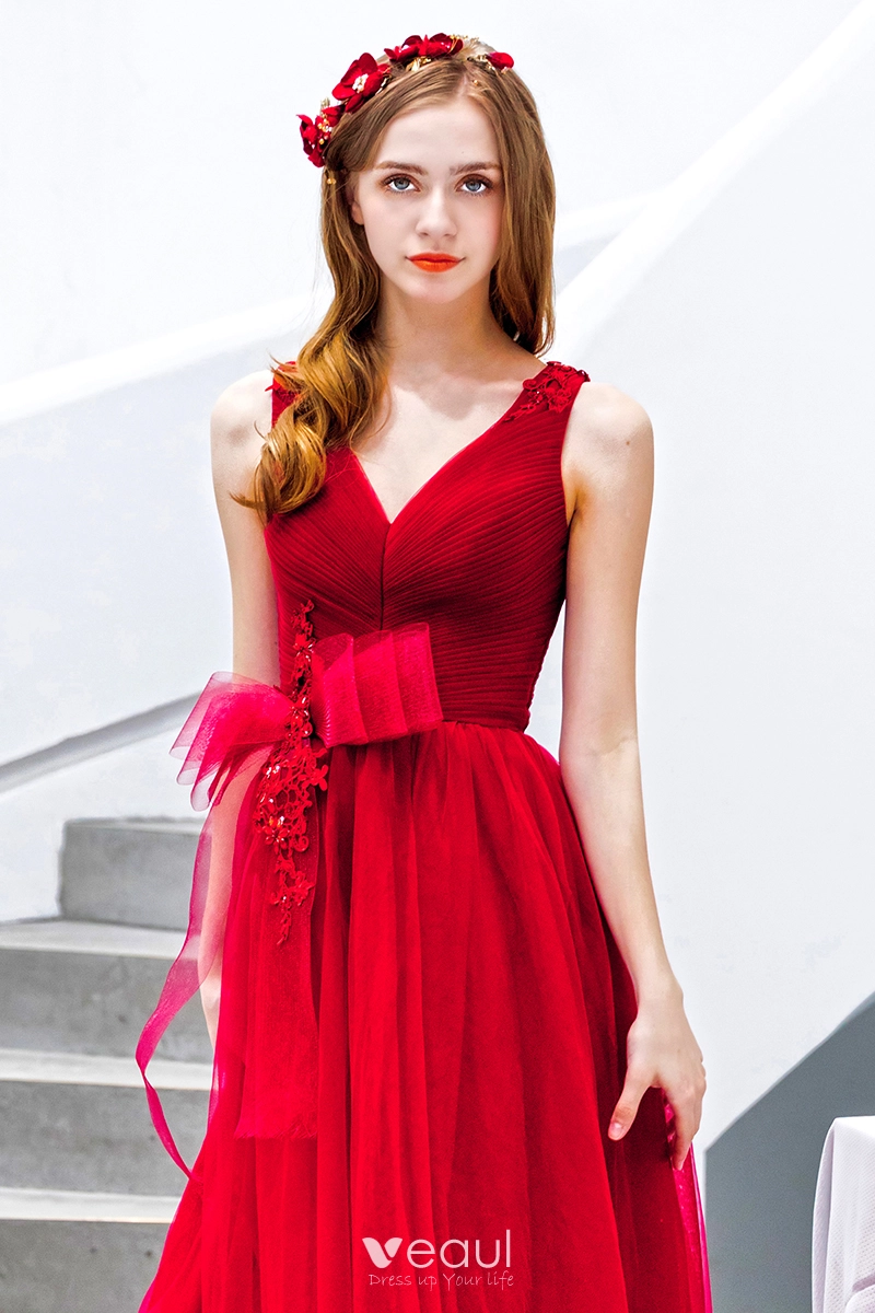 Chic / Beautiful Red Prom Dresses 2019 A-Line / Princess V-Neck Beading ...
