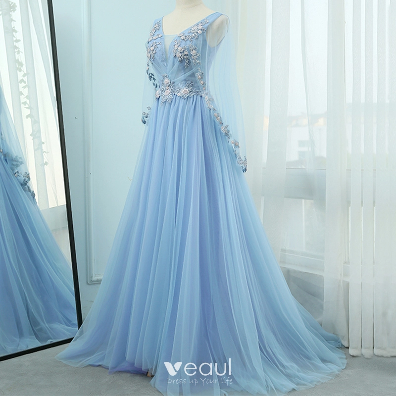 Elegant Pool Blue Evening Dresses 2018 A-Line / Princess V-Neck Long ...