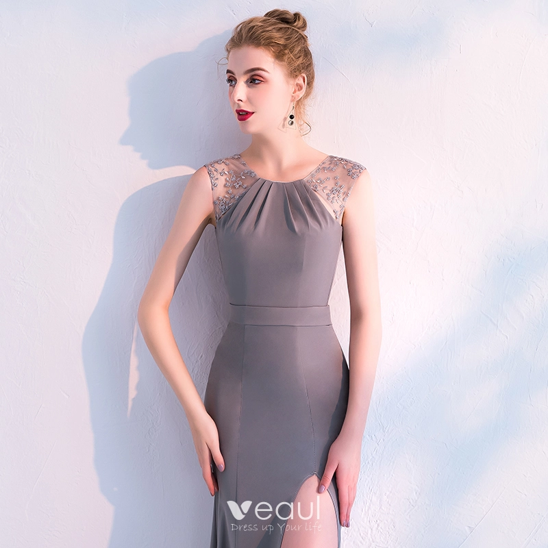 Modest / Simple Grey Evening Dresses 2019 Trumpet / Mermaid Lace Scoop ...