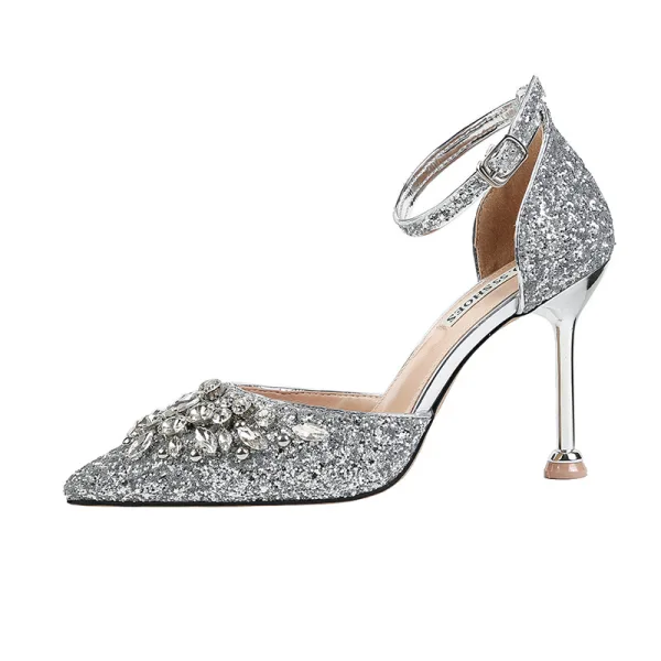 Sparkly Rose Gold Evening Party Womens Shoes 2019 Sequins Ankle Strap ...