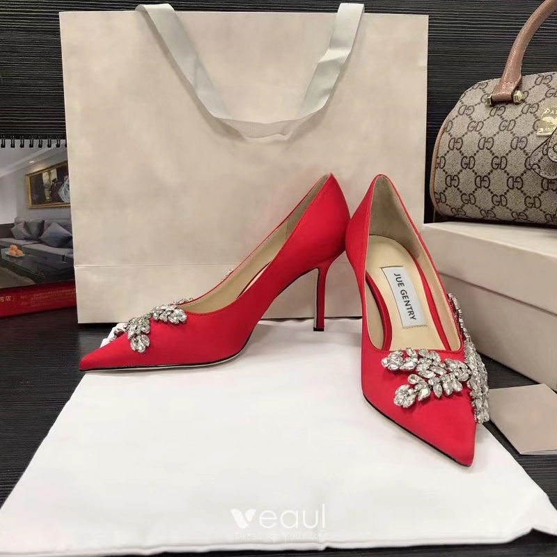 Chic / Beautiful Ivory Evening Party Rhinestone Pumps 2021 Leather 8 cm ...