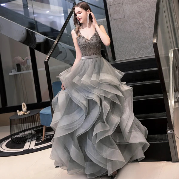 Luxury / Gorgeous Grey Prom Dresses 2020 Ball Gown V-Neck Sleeveless ...