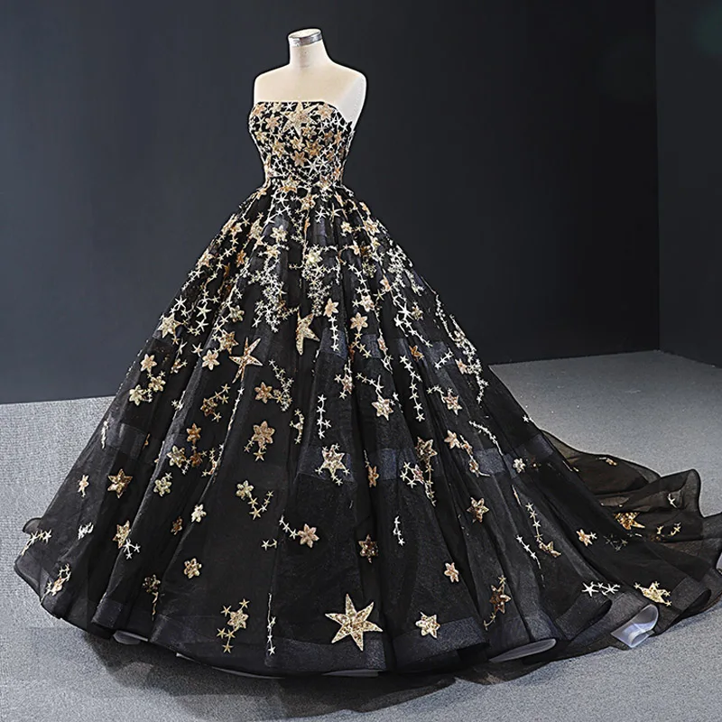 High-end Black Prom Dresses 2023 Ball Gown Strapless Sleeveless Star ...