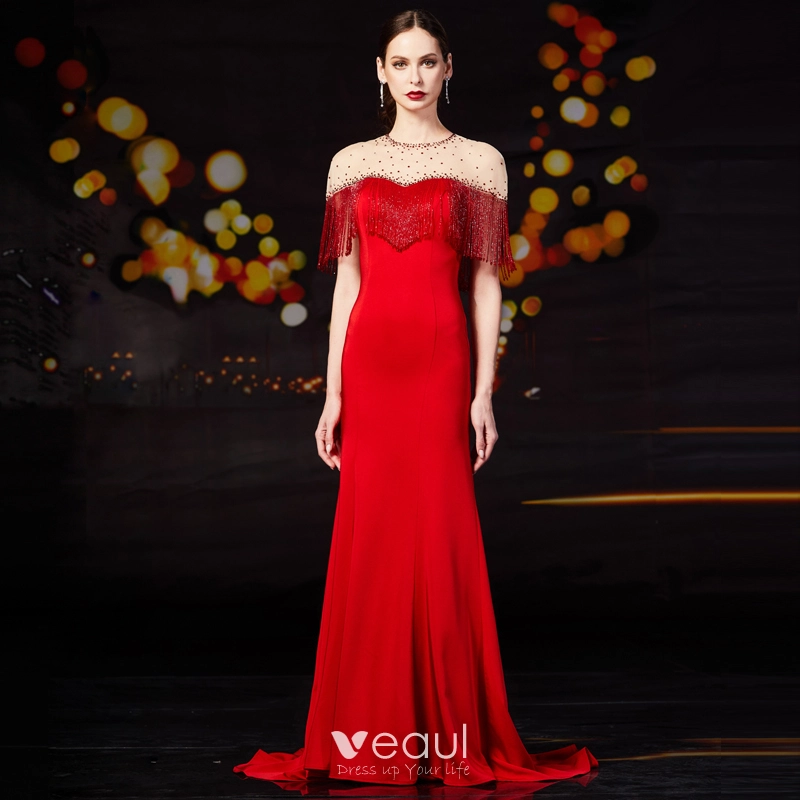 Luxury / Gorgeous Red See-through Evening Dresses 2019 Trumpet ...
