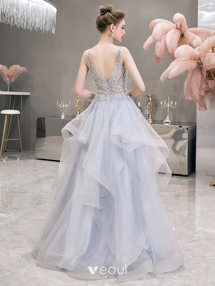 Illusion Grey See-through Evening Dresses 2019 A-Line / Princess Deep V ...