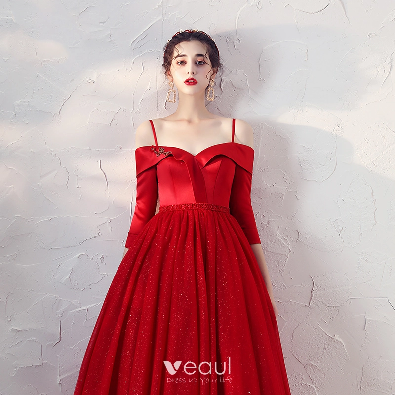 Chic / Beautiful Red Satin Prom Dresses 2020 A-Line / Princess ...