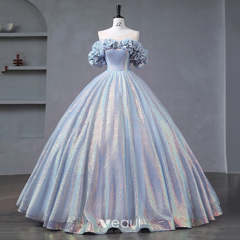 Fancy Sky Blue Prom Dresses 2023 Laser Short Sleeve Crossed Straps