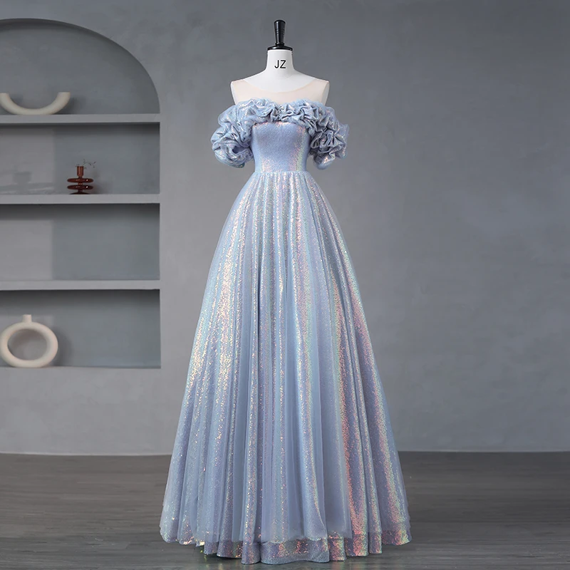 Fancy Sky Blue Prom Dresses 2023 Laser Short Sleeve Crossed Straps ...
