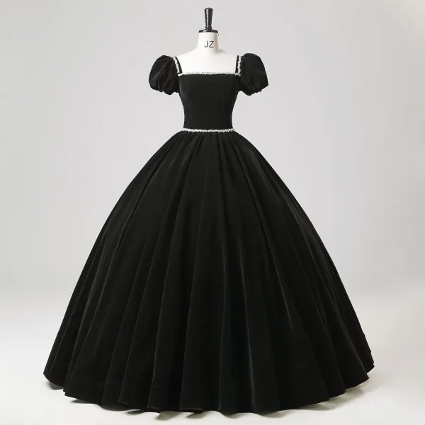 Demure Black Rhinestone Velvet Prom Dresses 2025 Ball Gown Square ...