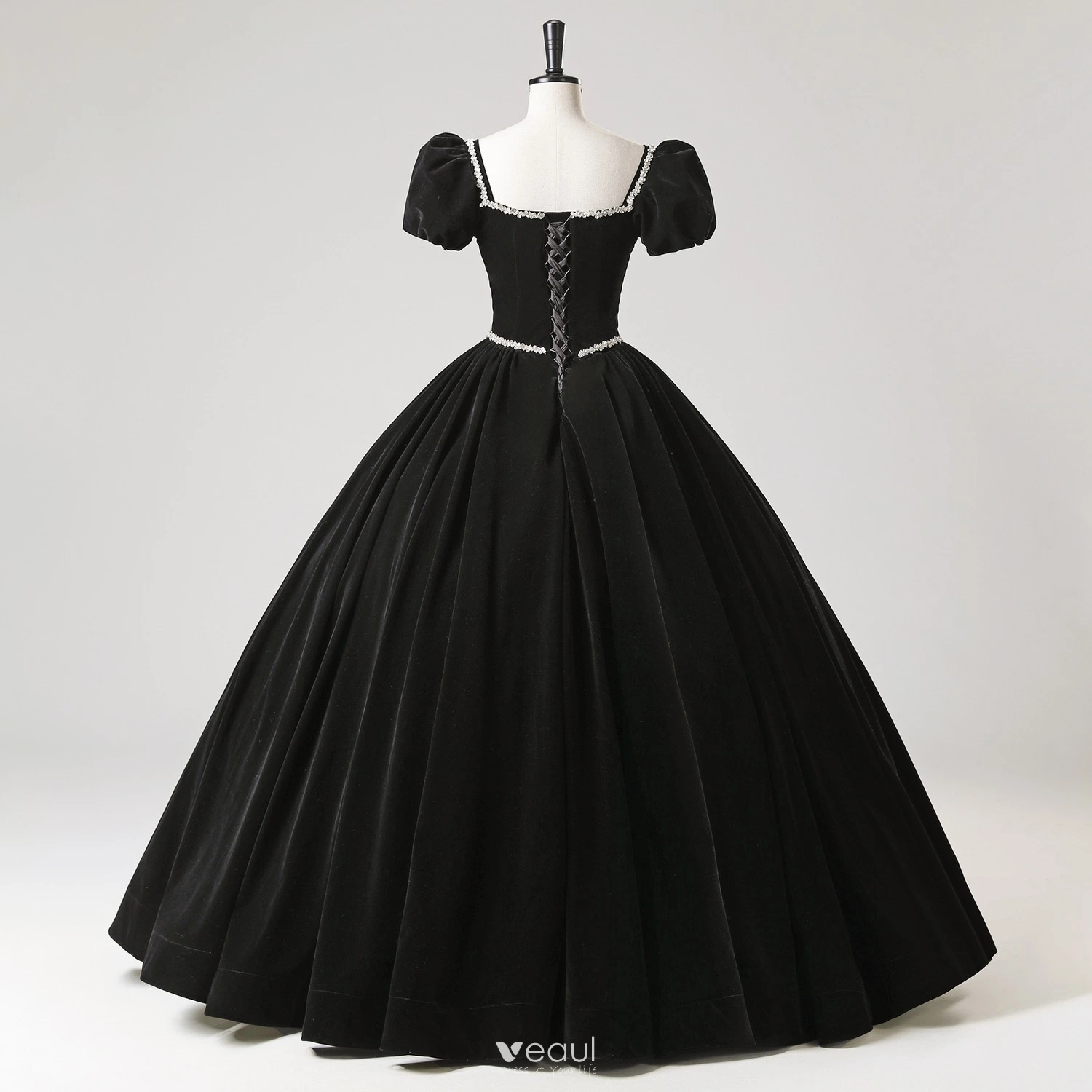 Demure Black Rhinestone Velvet Prom Dresses 2025 Ball Gown Square ...