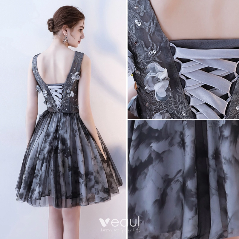 Chic / Beautiful Grey Cocktail Dresses 2019 A-Line / Princess V-Neck ...