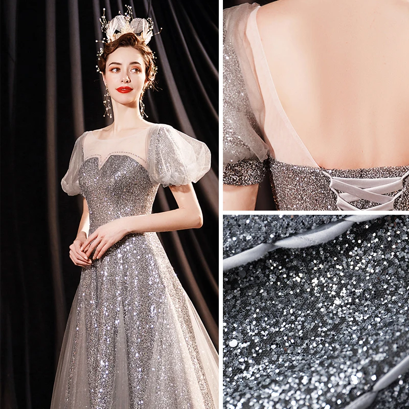 Sparkly Charming Silver Evening Dresses 2021 A-Line / Princess Scoop ...