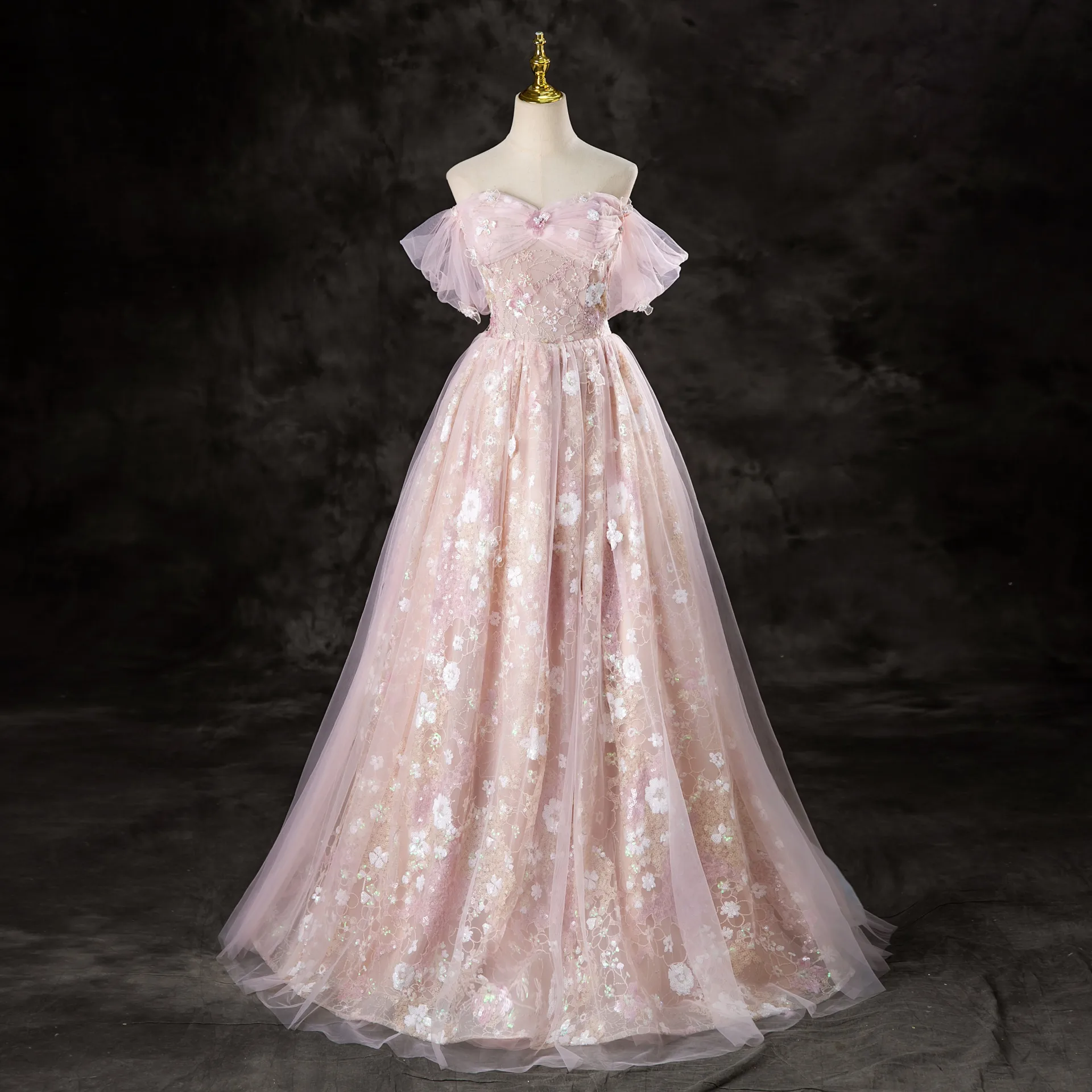 Schöne Rosa Perle Pailletten Spitze Blumen Ballkleider 2024 A Linie Off ...