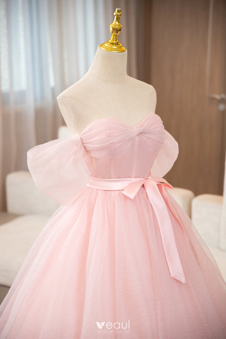 Elegant Blushing Pink Glitter Prom Dresses 2024 Ball Gown Off-The ...