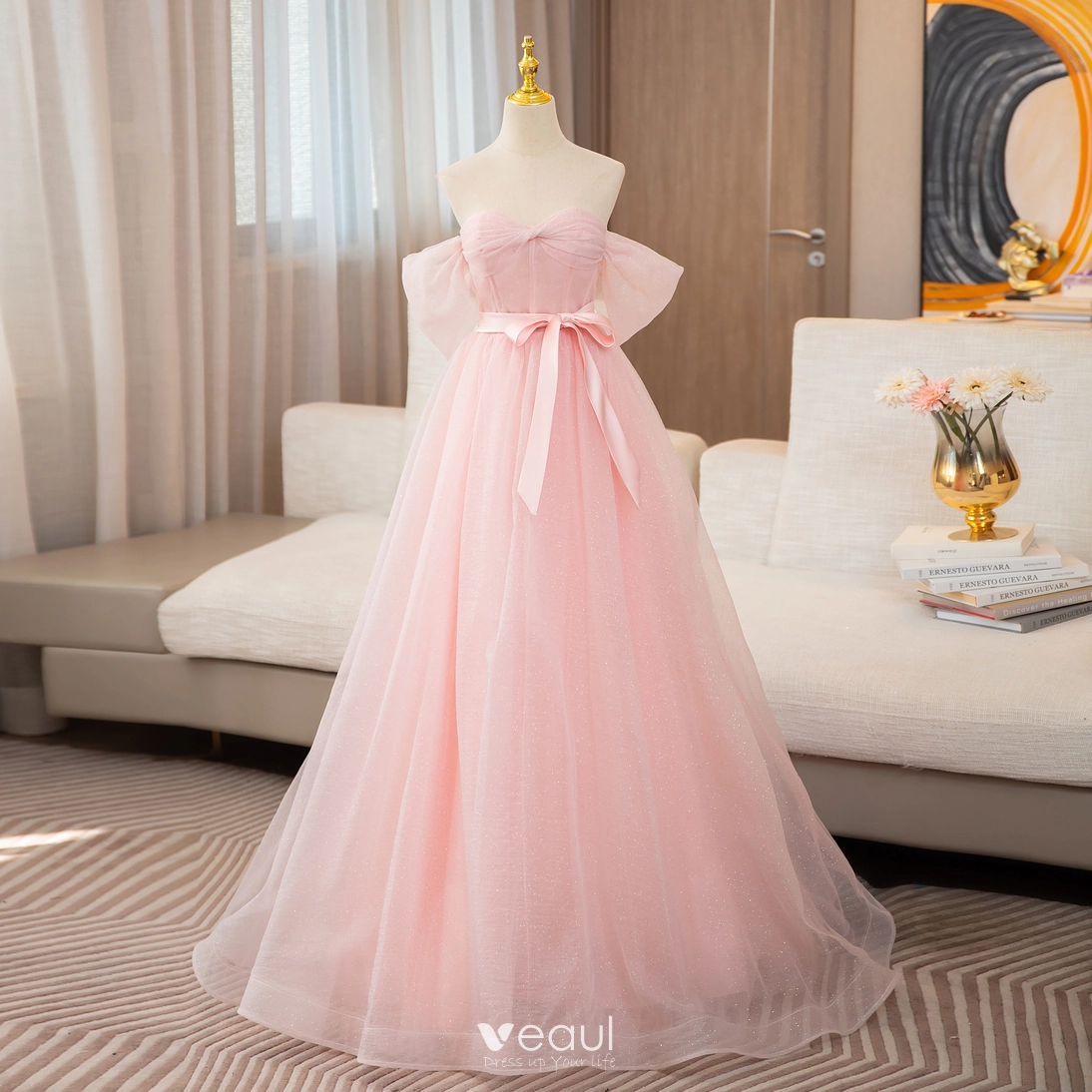 Elegant Blushing Pink Glitter Prom Dresses 2024 Ball Gown Off-The ...