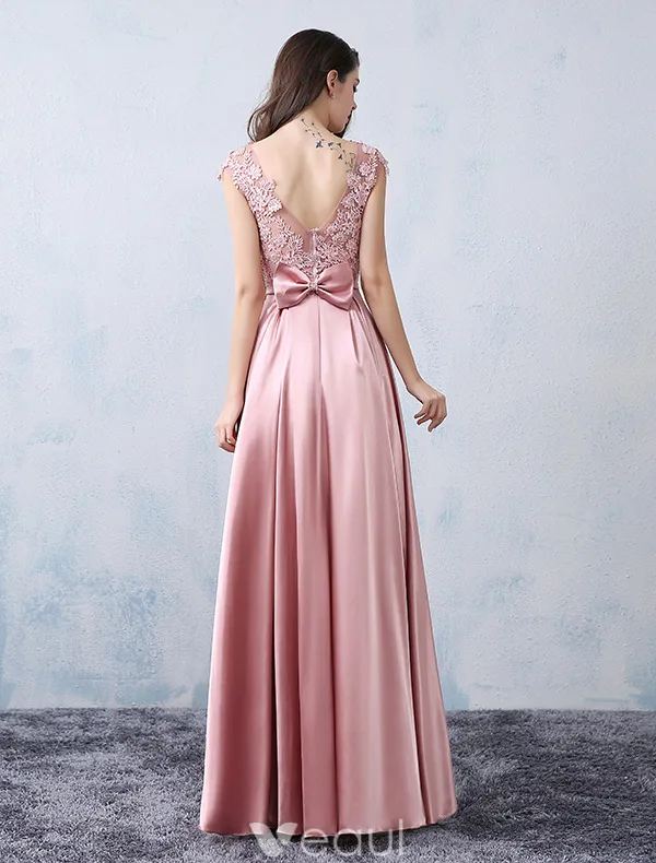 Beautiful Party Dresses 2016 Square Neckline Applique Lace Pink Satin ...
