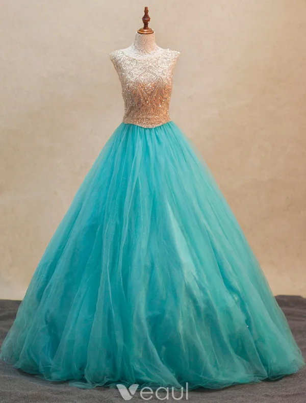 Luxury Prom Dresses 2016 Scoop Neck Beading Rhinestone Pool Blue Tulle ...