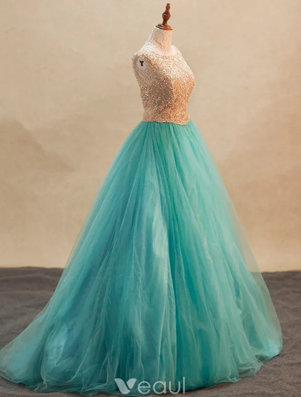 Luxury Prom Dresses 2016 Scoop Neck Beading Rhinestone Pool Blue Tulle ...