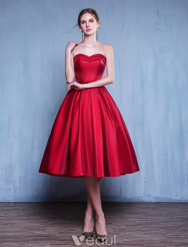 Beautiful Party Dresses 2116 Sweetheart Ruffle Burgundy Satin Tea ...