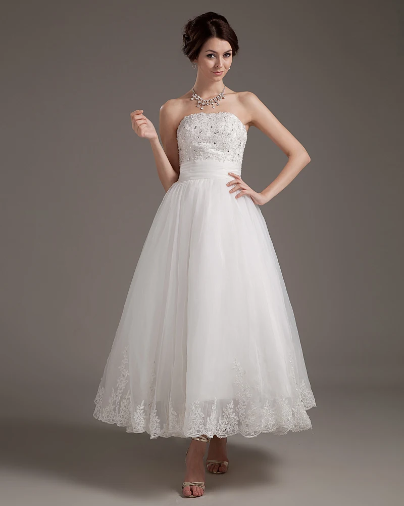 Lace Applique Satin Yarn Strapless Short Mini Wedding Dresses