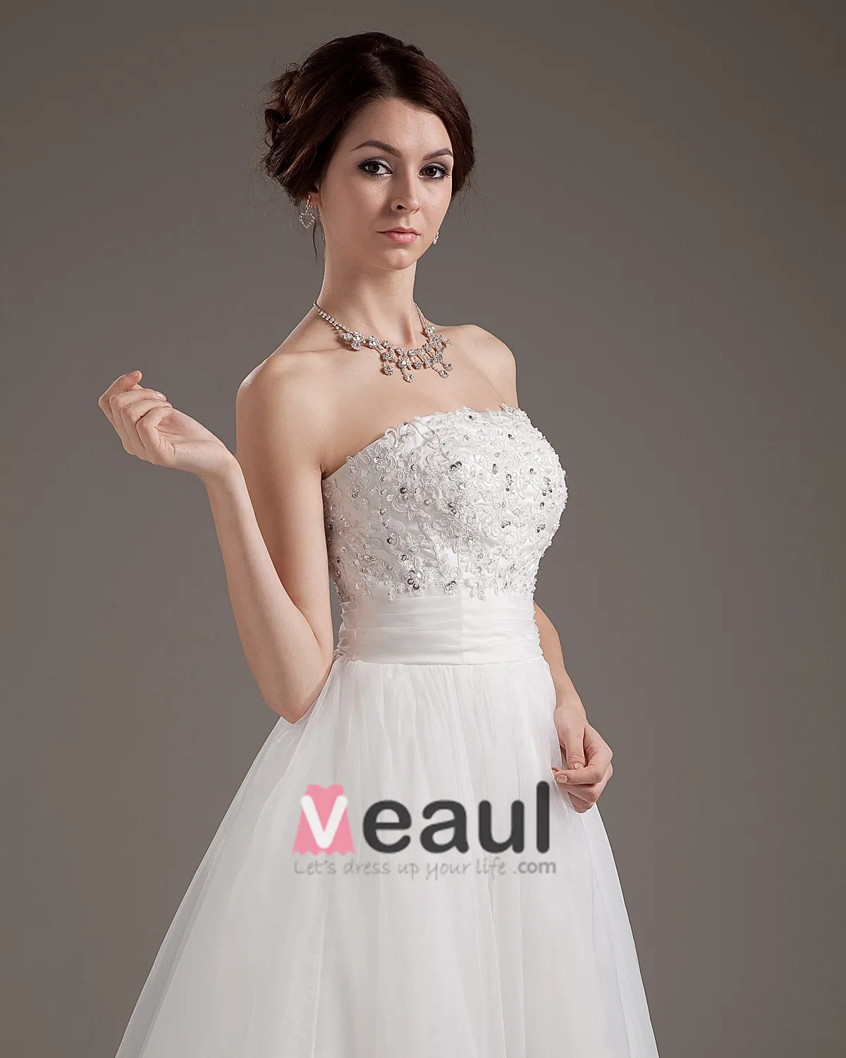 Lace Applique Satin Yarn Strapless Short Mini Wedding Dresses