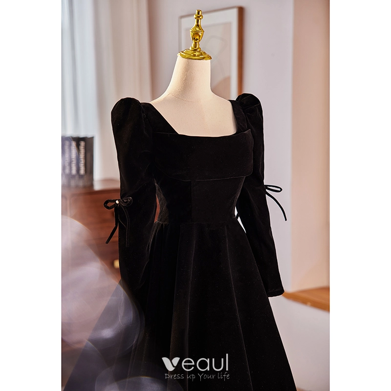 Audrey Hepburn Style Black Velvet Winter Prom Dresses 2024 A-Line ...