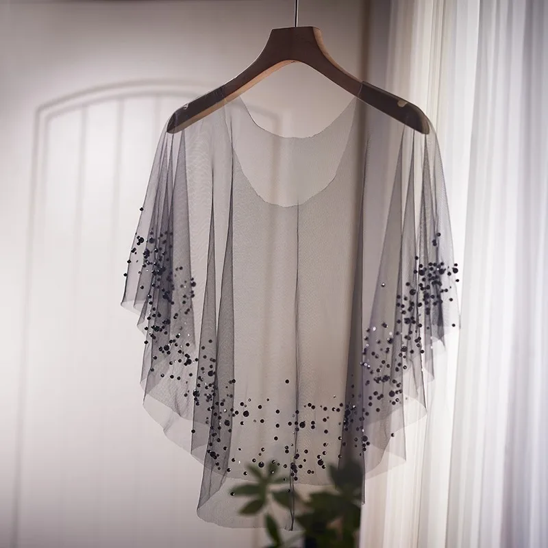 Modest / Simple Black Rhinestone Tulle shawl 2025