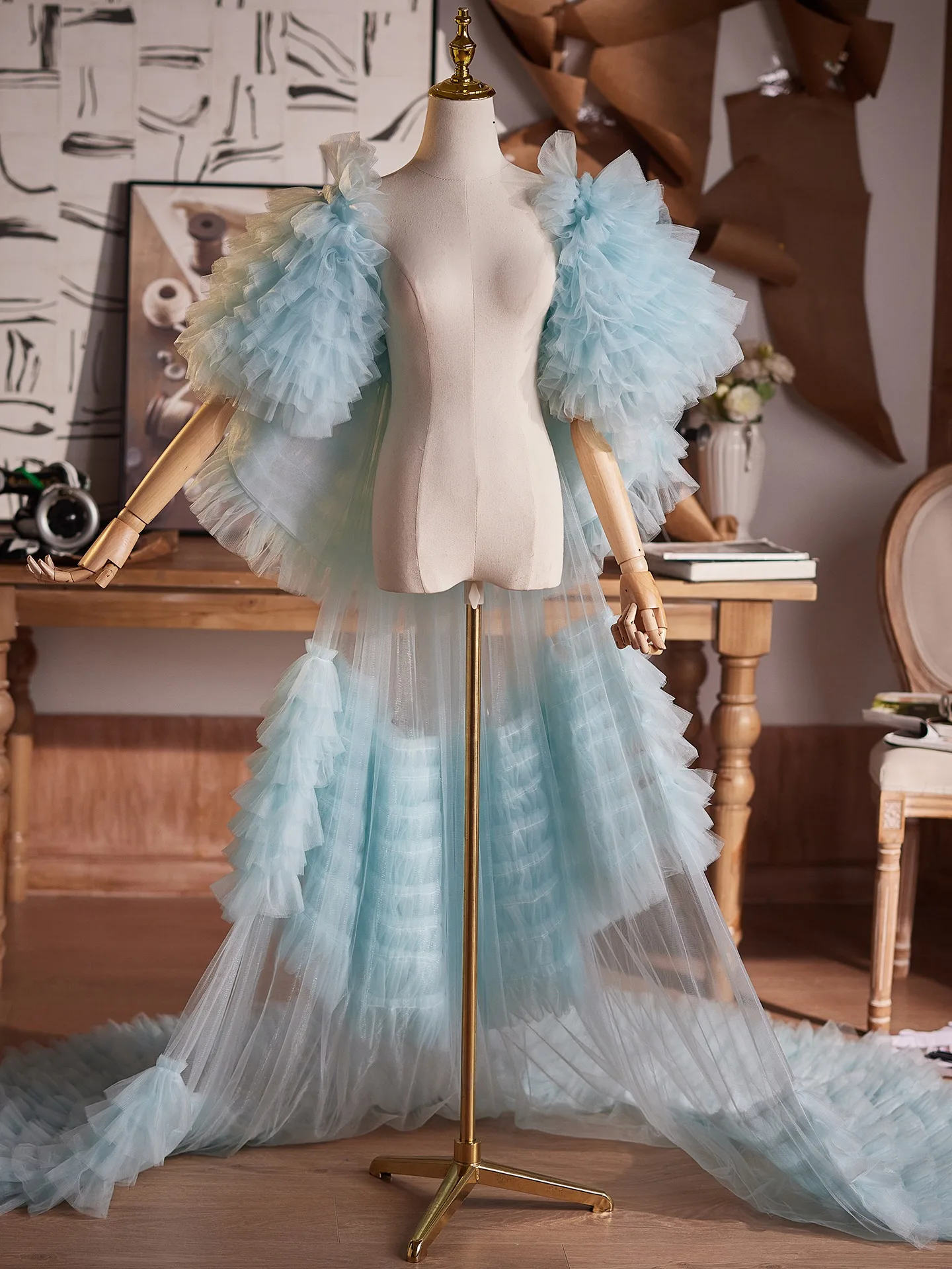 Fashion Sky Blue Handmade Pleated shawl Prom Shawls 2025 Short Sleeve