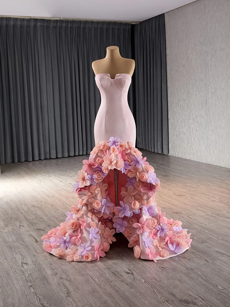 Gama Alta Hada de las flores Rosa Clara Apliques Asimétrico Vestidos de ...