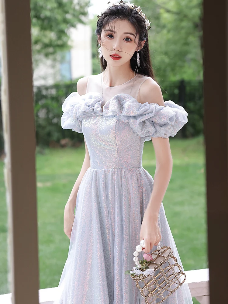 Sparkly Grey Glitter Sequins Prom Dresses 2023 A-Line / Princess Scoop ...
